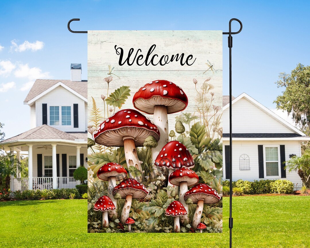 Cottagecore Red Mushroom Welcome Flag PNG 12x18 Garden Flag Sublimation ...