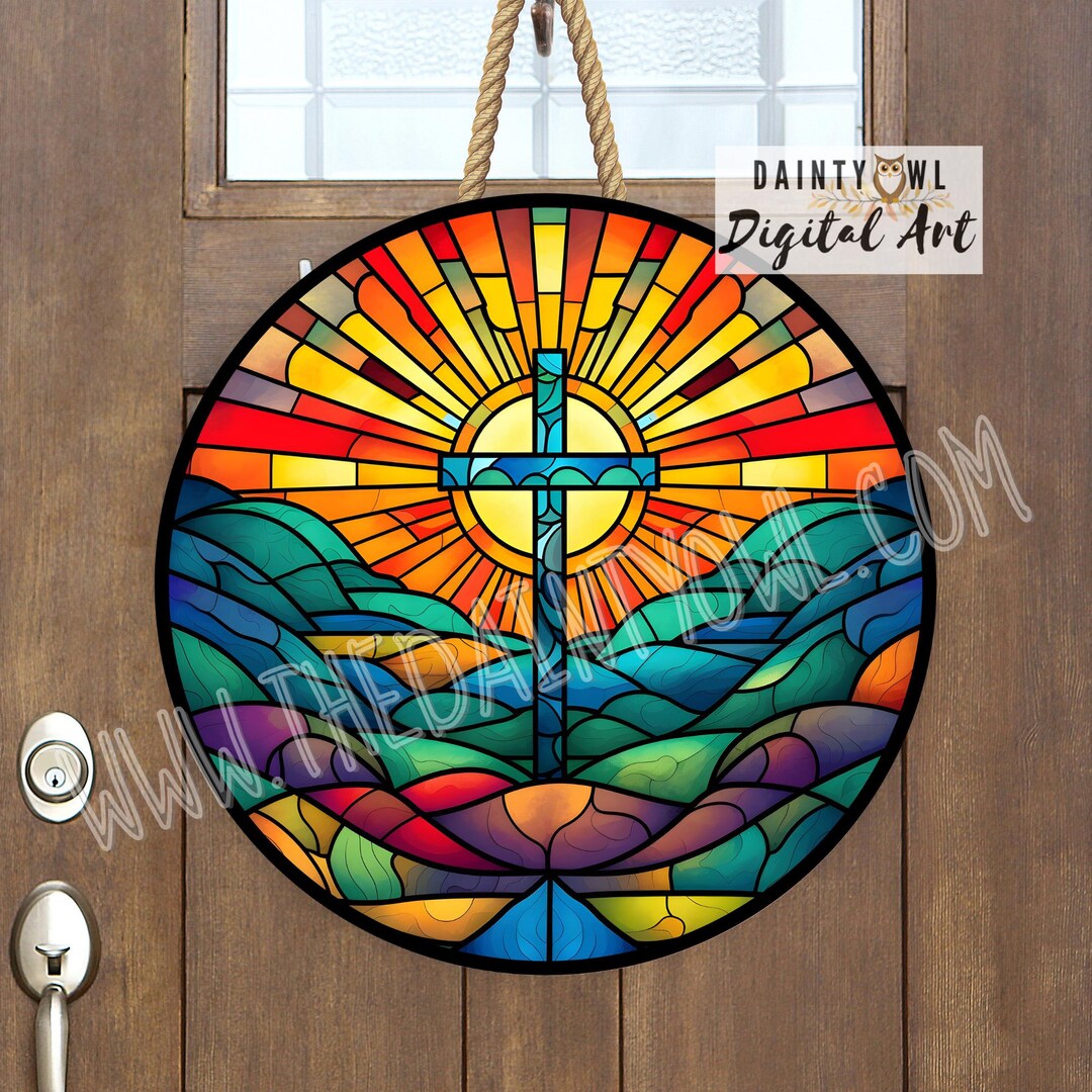 Christian Cross PNG, Round Faux Stained Glass Sublimation Design ...
