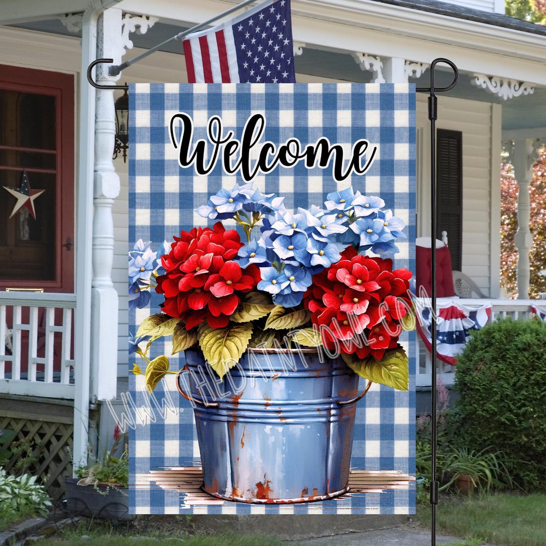 13x19 Garden Flag Design Red Geraniums Blue Hydrangeas Farmhouse ...