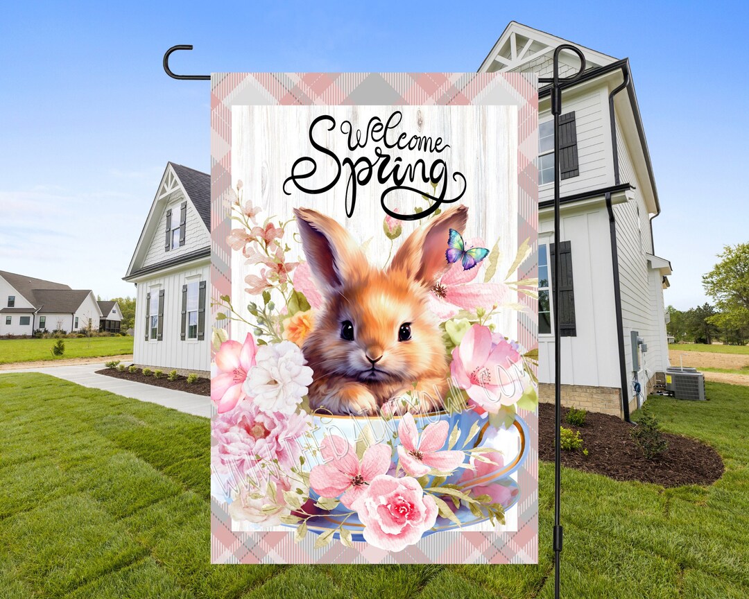 Welcome Spring Bunny in a Teacup PNG 12x18 Garden Flag Sublimation ...