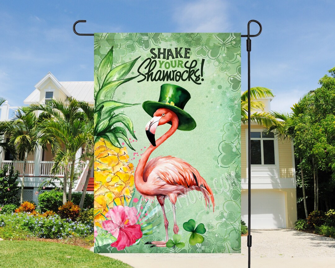 Irish Flamingo Garden Flag: Leprechaun Shamrock Design (digital PNG JPG ...