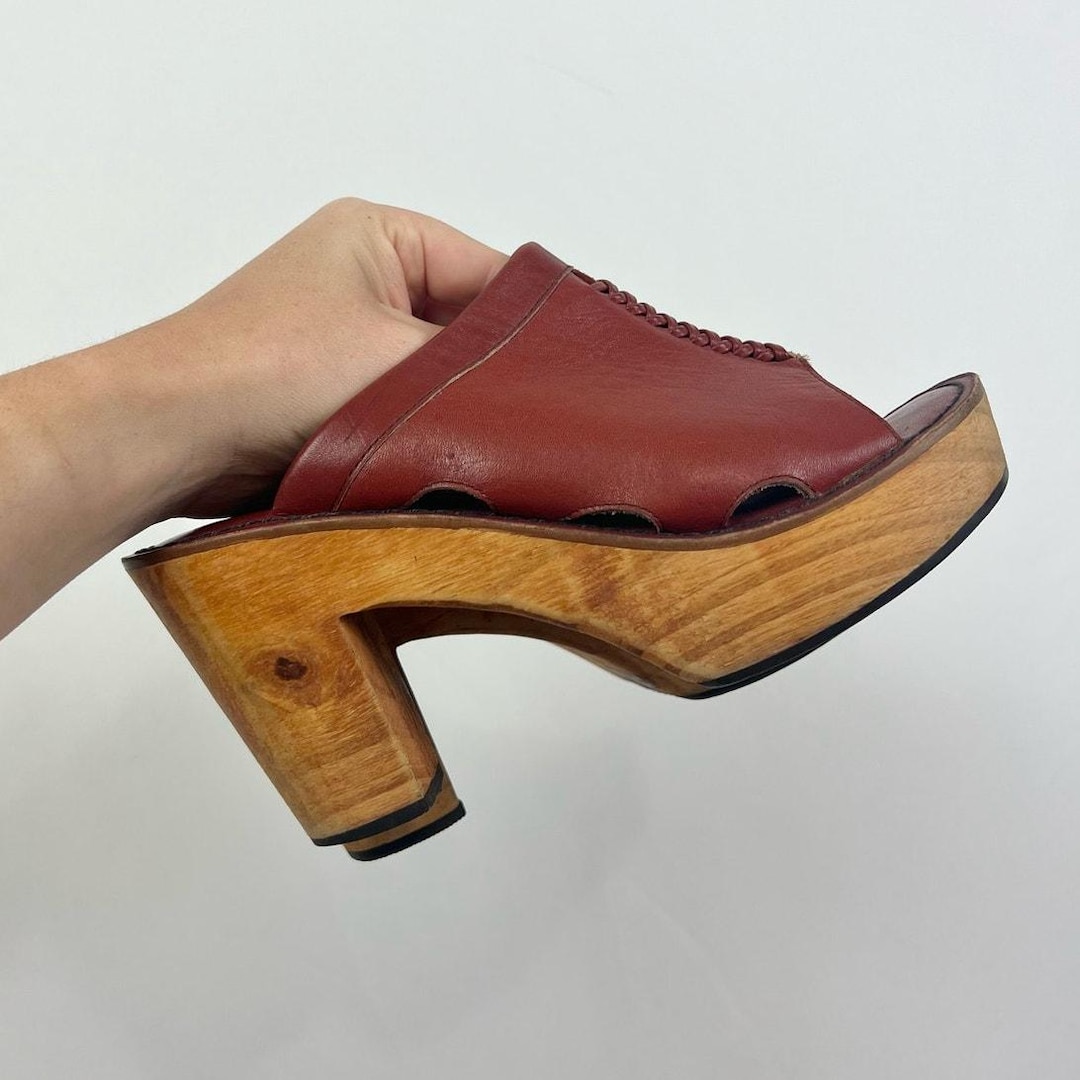 Vintage 70s Red Braided Leather Peep Toe Cutouts Chunky Platform Heel ...