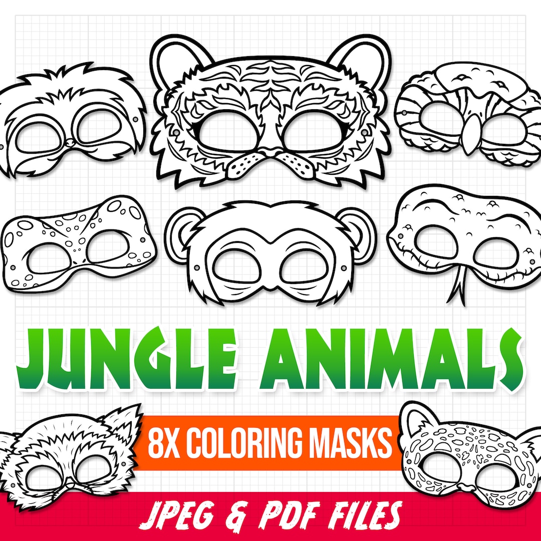 Jungle Animal Masks, Jungle Animal Printable Coloring Masks, Color Your ...