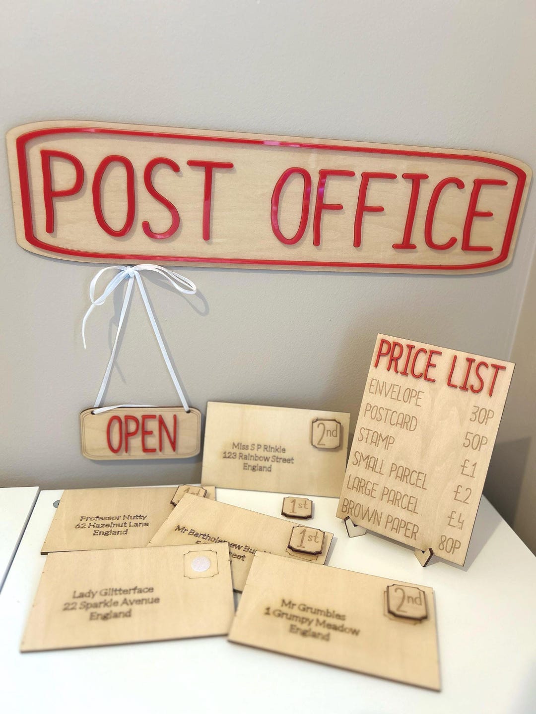 Wooden Post Office Role Play Set: Handmade Letters, Stamps & Sign - Etsy UK