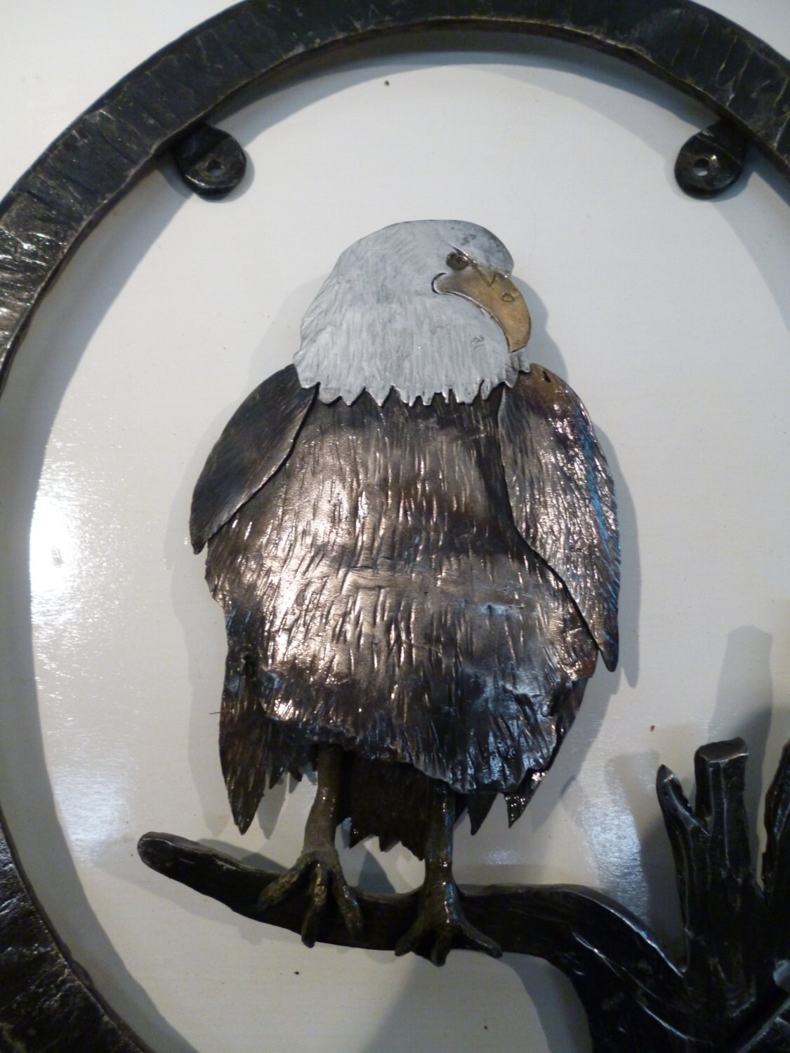 Unique Bald Eagle Sculpture in Oval Hand Forged Hammer Textured Frame ...