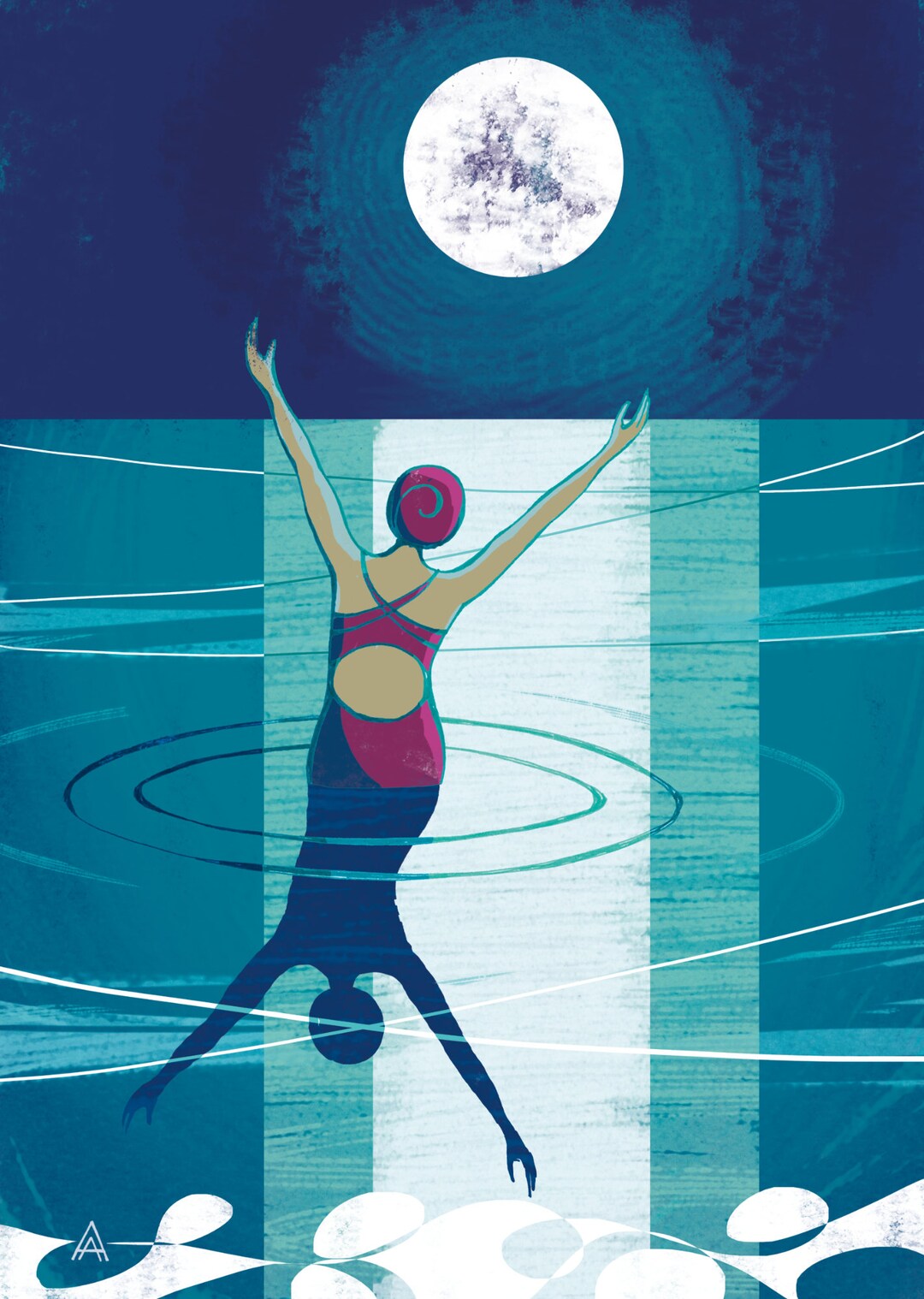 Night Swim Art Print Sea Wild Swimming, Nautical Wall Art, Coastal ...