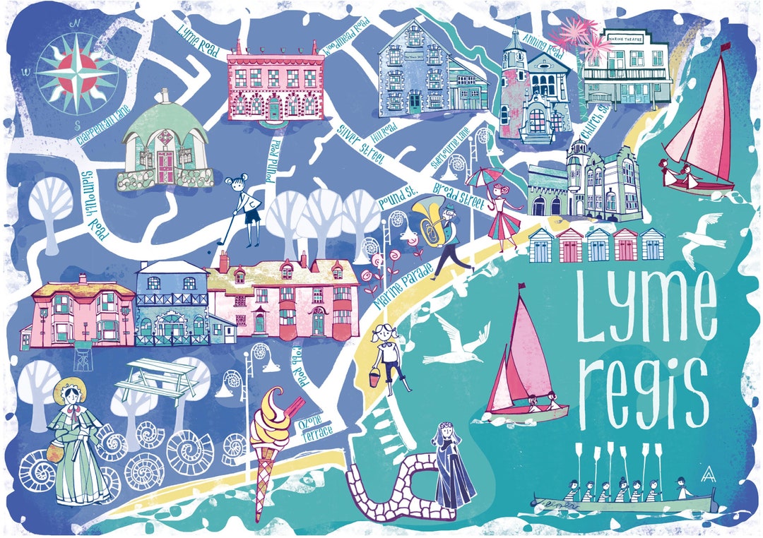 Impresión de mapa de Lyme Regis, ilustración costera de Dorset, arte ...
