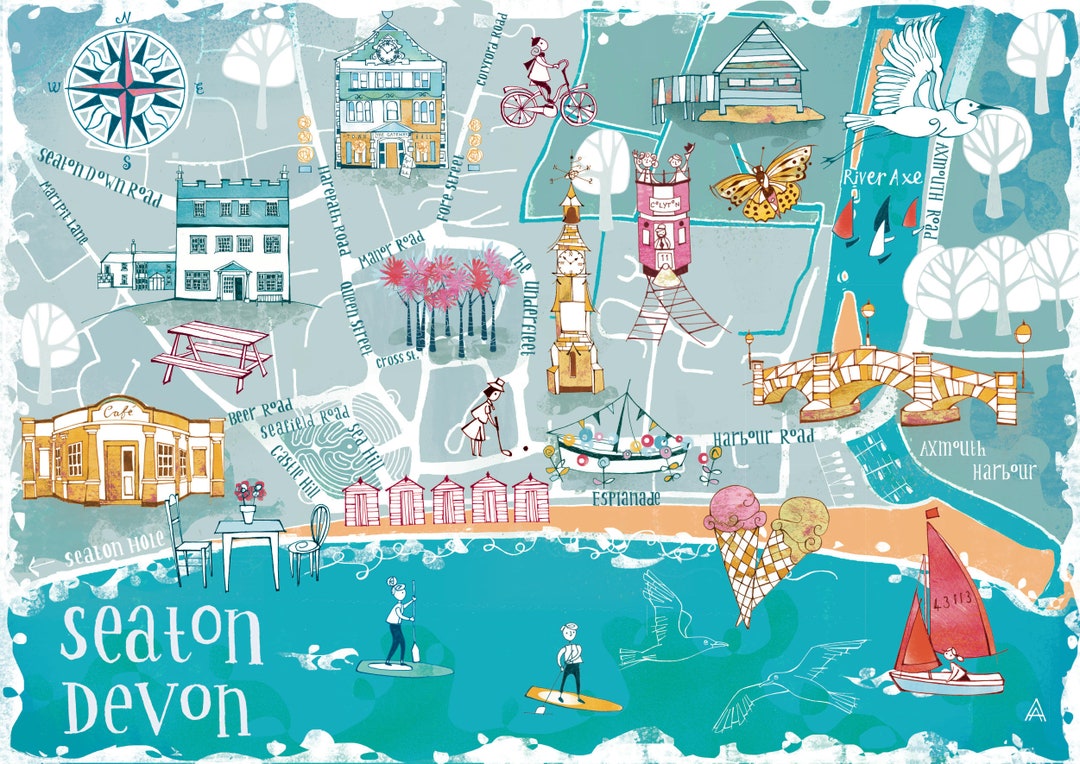 Seaton Devon Illustrated Map Print, Wall Art, Home Decor, Nautical ...