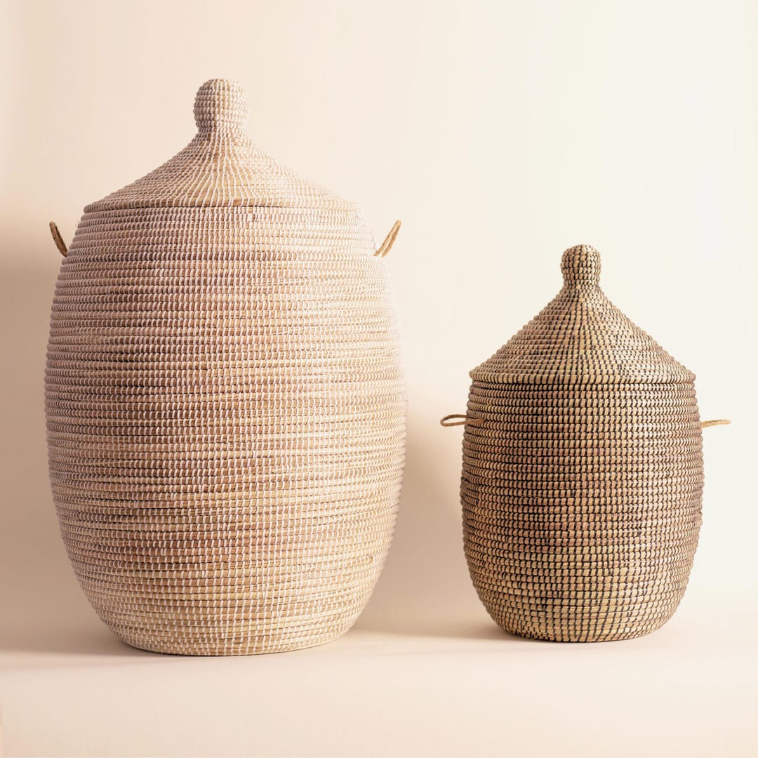 Woven Brown Basket Set X2, African EGG Baskets With Lid, Laundry Hamper Baskets, Handwoven Reed ...