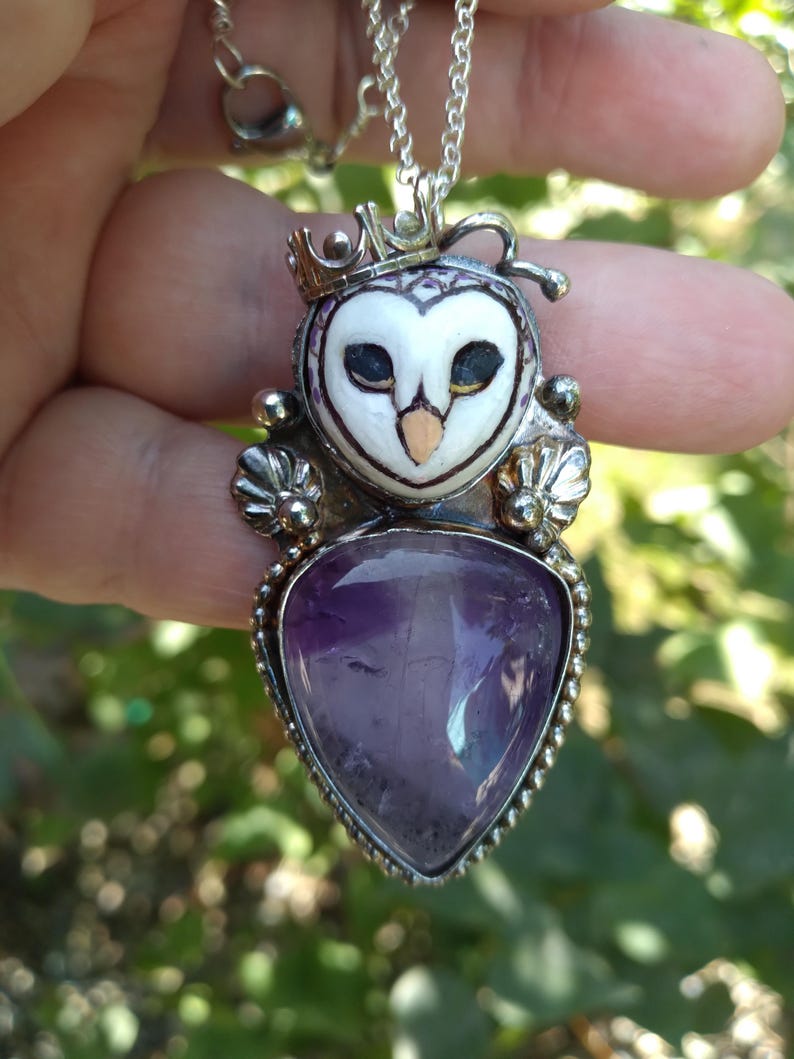 Handmade Sterling Silver Owl Necklace: Amethyst Gemstone, Porcelain ...
