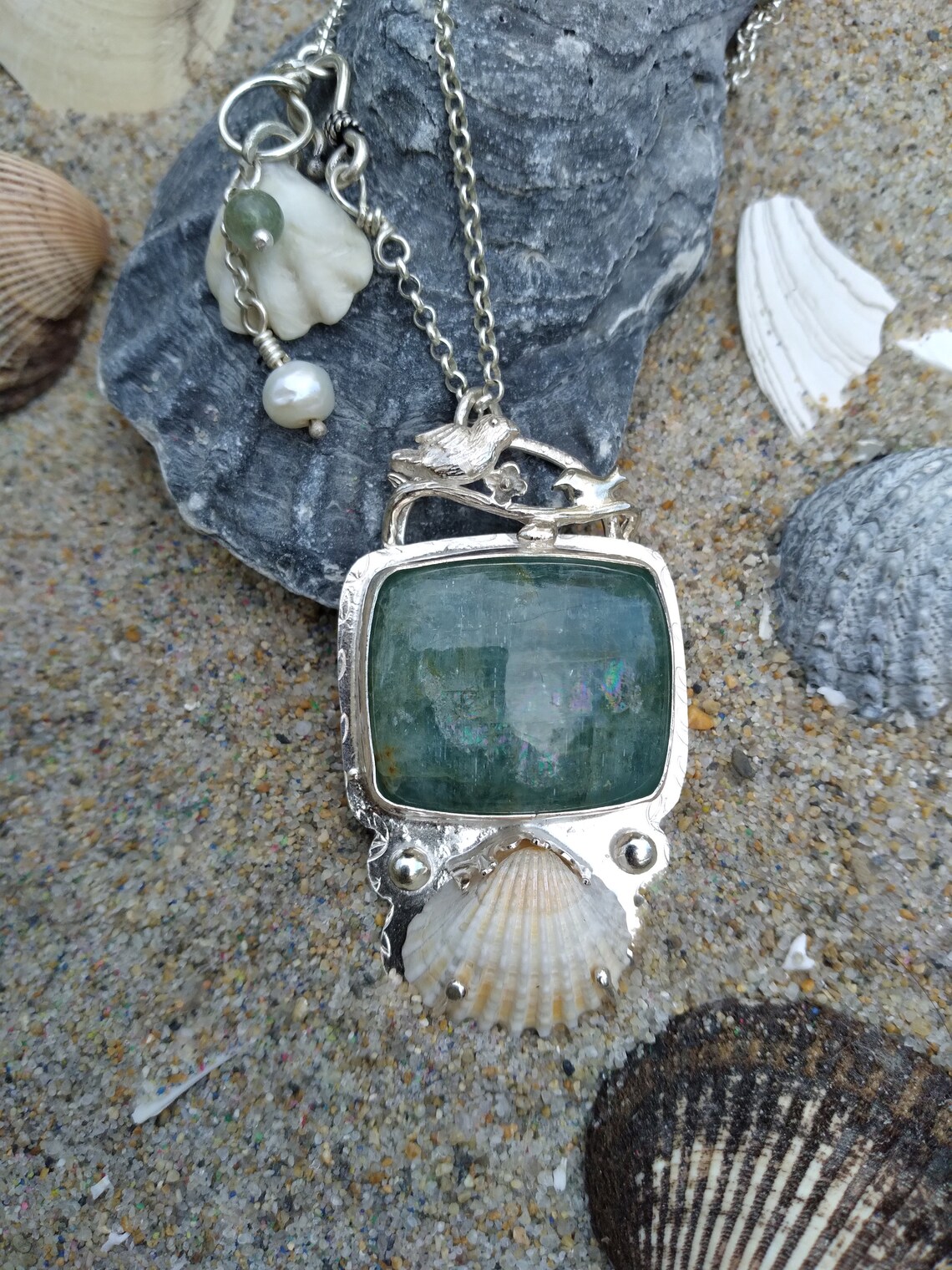 Aquamarine Seashell Necklace. Handmade Vacay Necklace. Silver ...