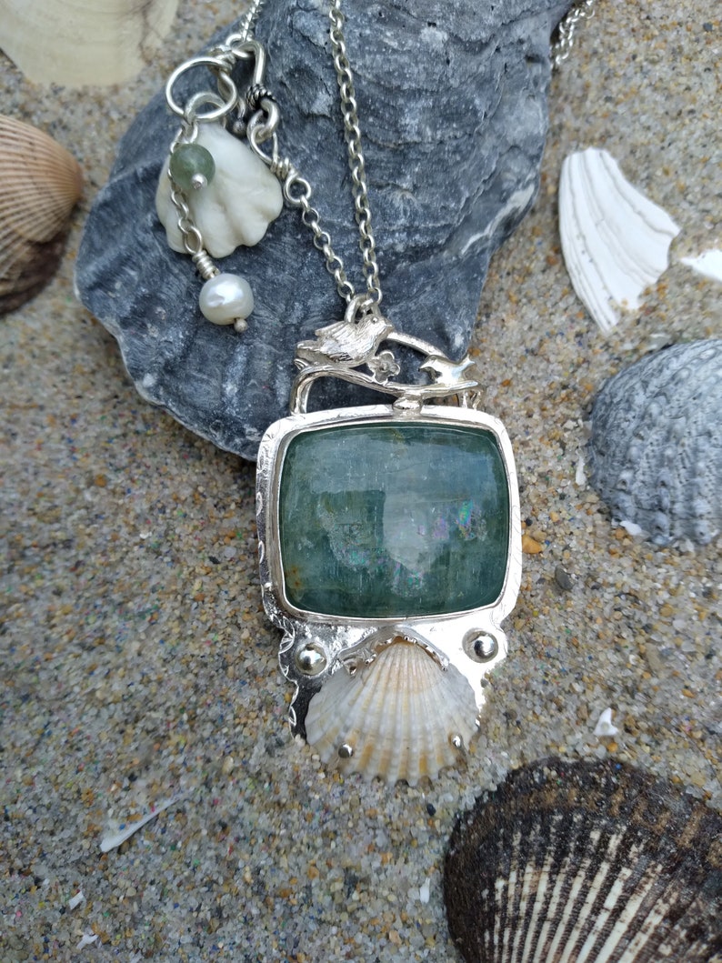 Aquamarine Seashell Necklace. Handmade Vacay Necklace. Silver Aquamarine Necklace. Beachy ...