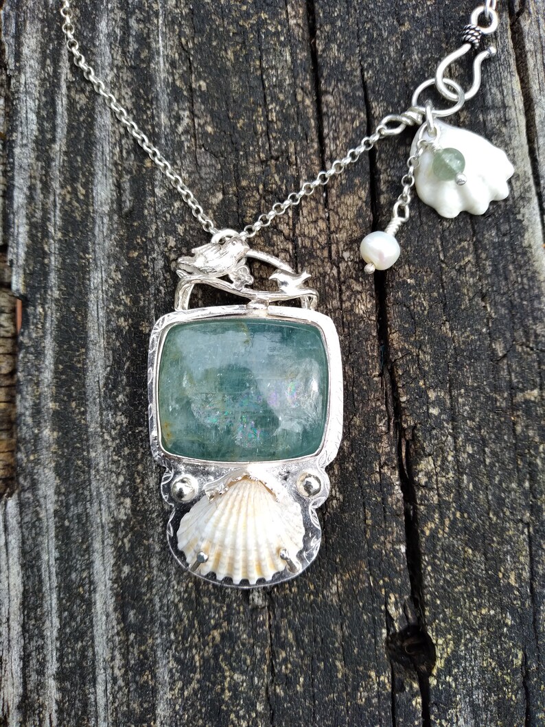 Aquamarine Seashell Necklace. Handmade Vacay Necklace. Silver Aquamarine Necklace. Beachy ...