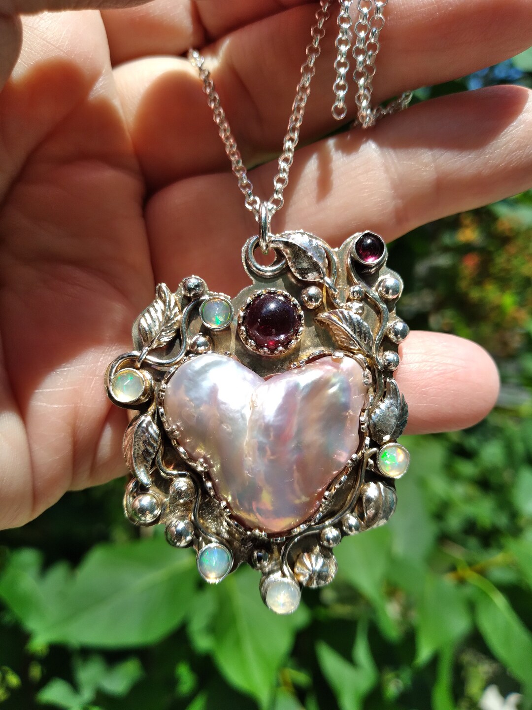 Handmade Sterling Silver Heart Pearl Necklace: Woodland Fairy Garnet ...