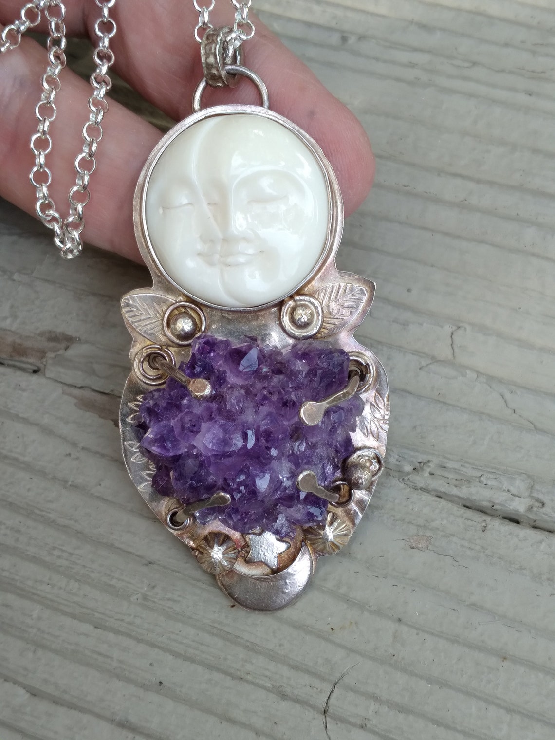 Silver Vintage Style Moon, Large Gemstone Necklace, Natural Amethyst ...