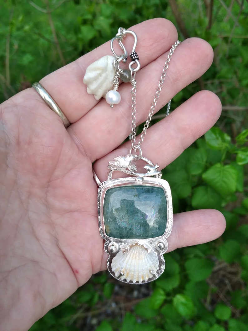 Aquamarine Seashell Necklace. Handmade Vacay Necklace. Silver Aquamarine Necklace. Beachy ...
