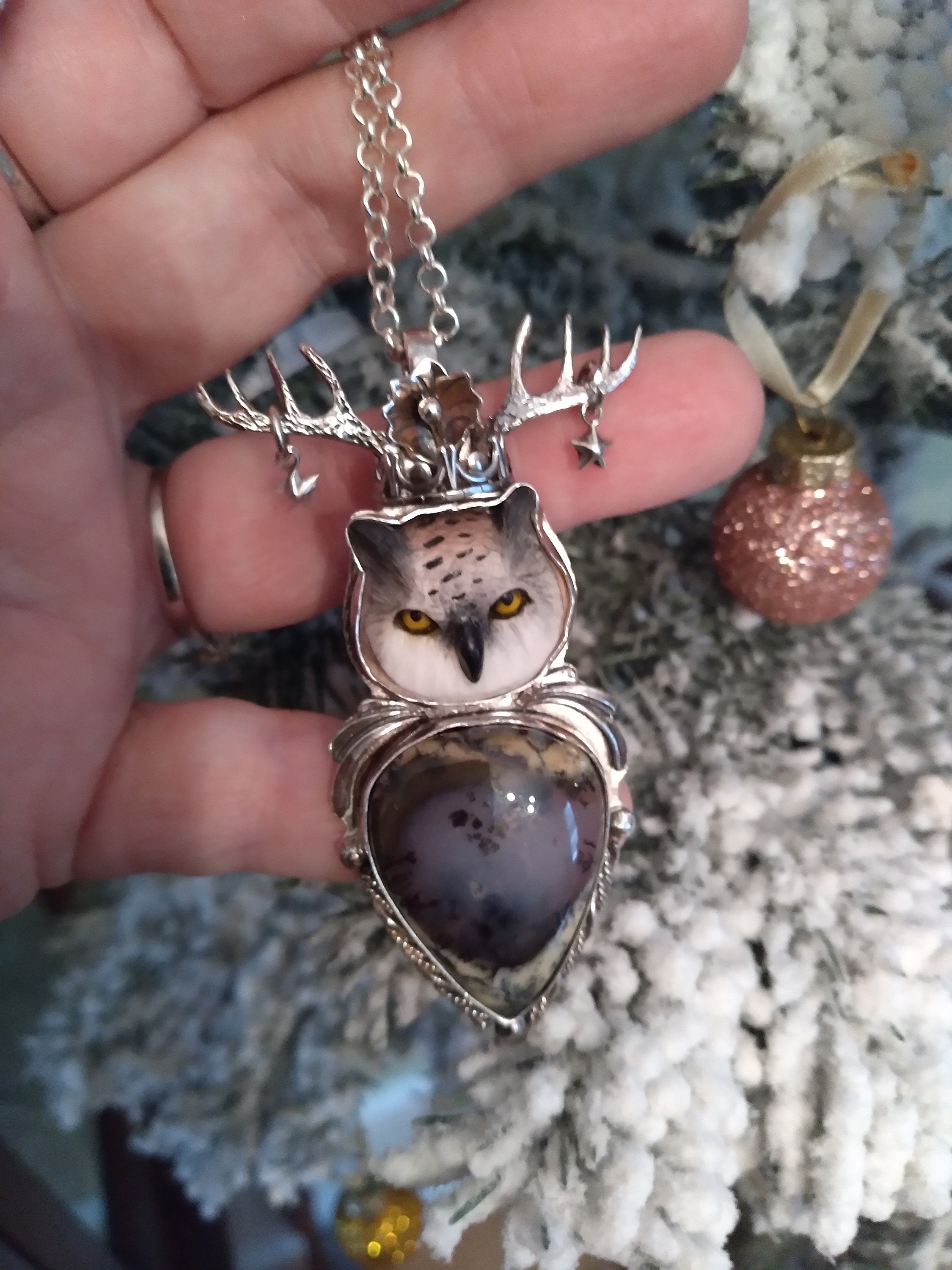 Handmade Sterling Owl Pendant. Sterling Silver Owl Necklace. Porcelain ...