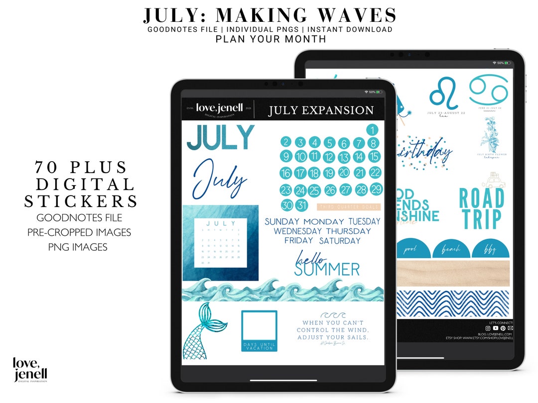 July 2023 Goodnotes Digital Planner Stickers Set | Aqua Blue | Pre ...