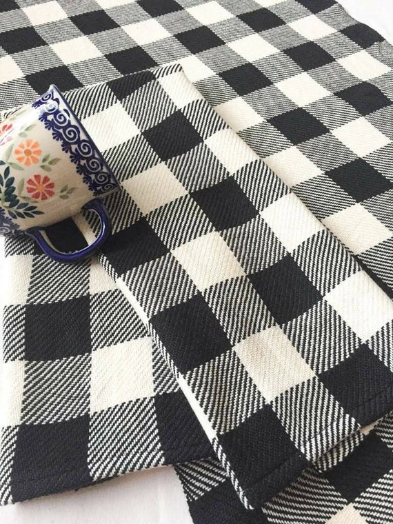 Kitchen & Dining Handwoven Checked B&W Tea Towel Red 100% Cotton Linens ...
