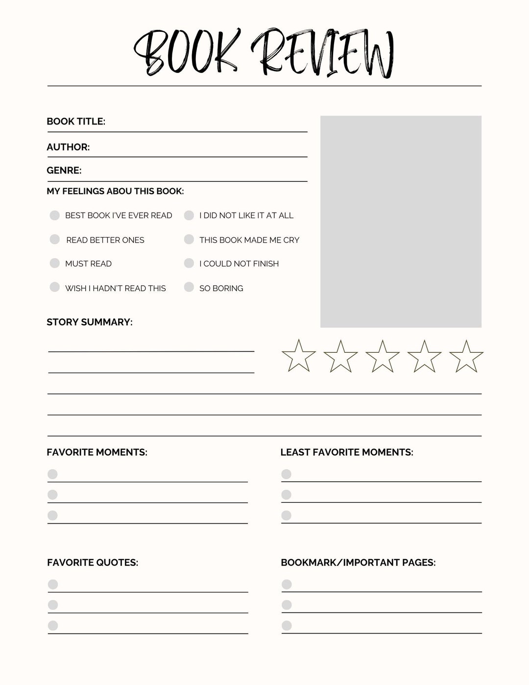 Book Review Worksheet, Downloadable, Digital Instant Download PDF ...