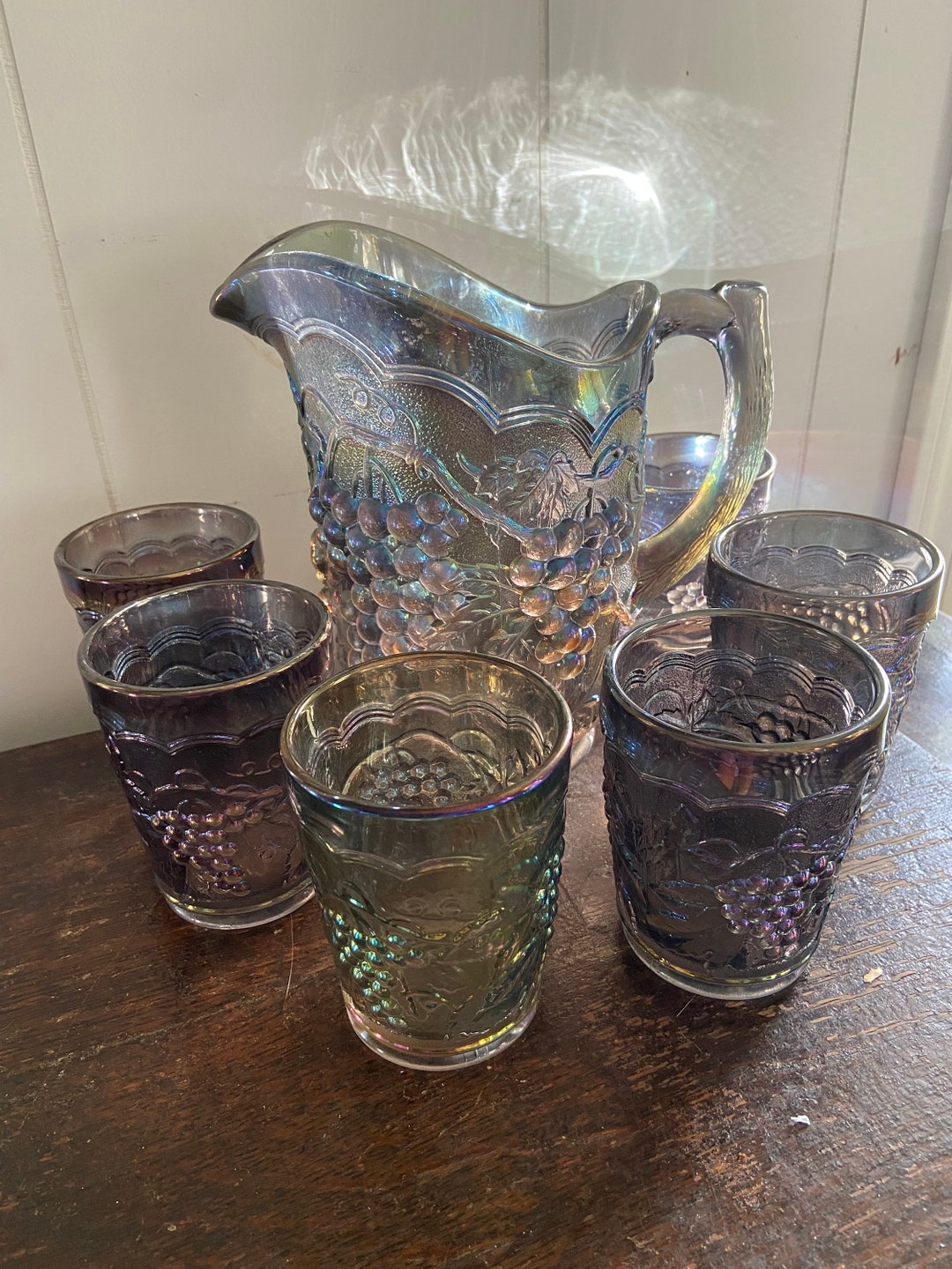 Vintage Lilac Purple Iredescent Pitcher W/ 6 Goblets, Collectable Glass ...