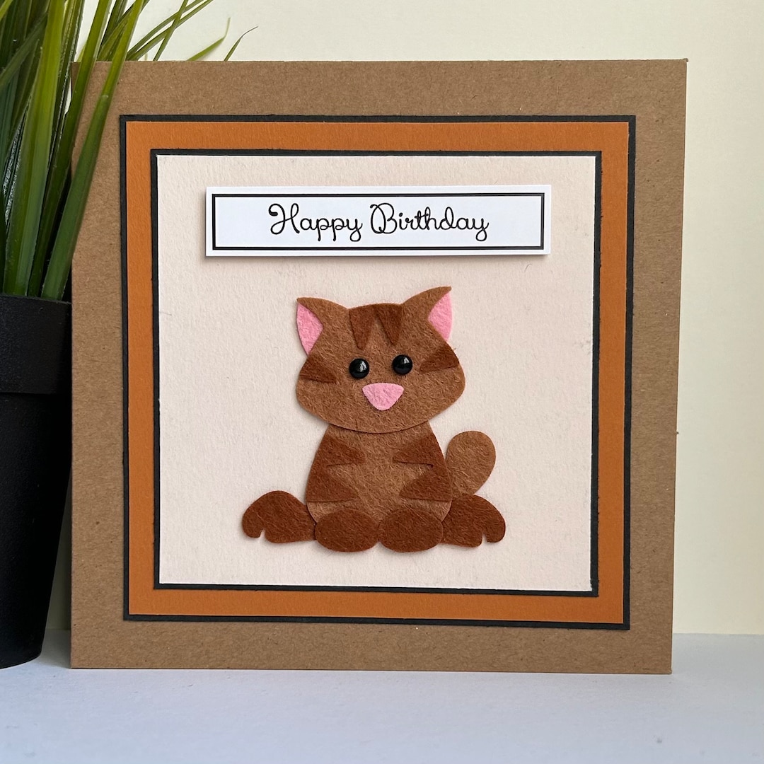 Cute Cat Birthday Cards, Felt Kitten Greeting Card, Cat Themed Birthday ...