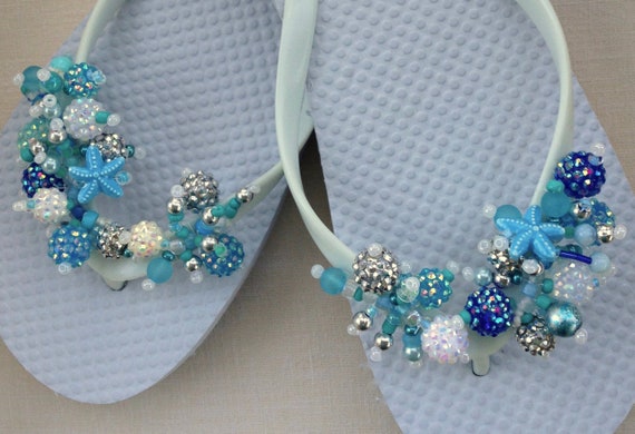 Blue coastal Beaded Flip Flops. Custom Order Your | Etsy