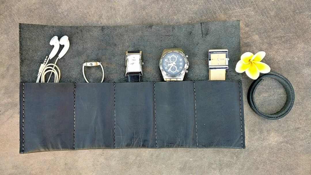 Vintage Black Leather Watch Roll, Watch Case, Pencil Roll Leather ...