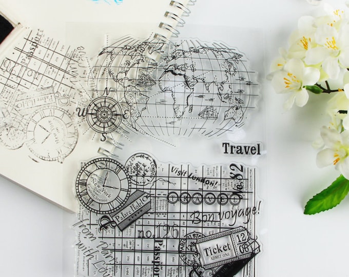 World Map Stamp, Travel Stamp, Clear Stamp, Bon Voyage Stamp, Clock ...