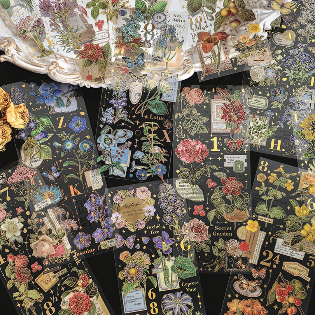 3 Sheets, Gold Foil Stickers, Flower Decorations, Various Flowers ...