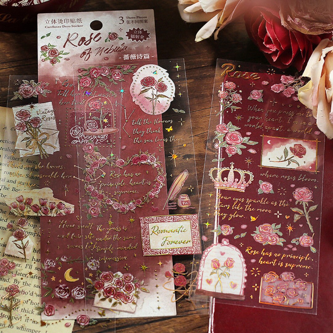 3 Sheets, Gold Foil Stickers, Flower, Various Flowers Stickers, PET ...