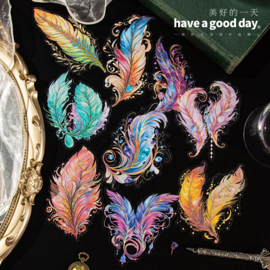 5 Pcs, Feather Stickers, Plume Sticker, PET, Colorful Stickers, Foil ...