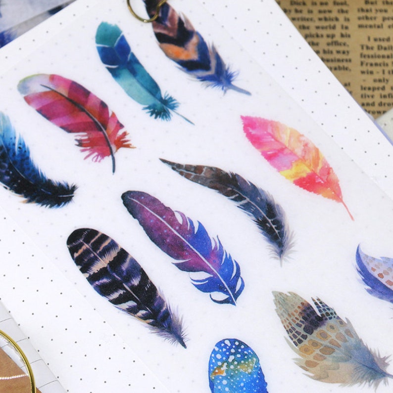 6 Sheets Feather Stickers Plume Sticker Colorful Stickers | Etsy