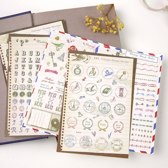 6 sheets stamp stickers Letters Numbers Vintage stamp | Etsy