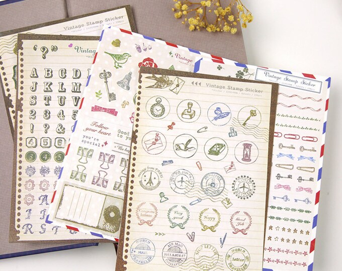 6 Sheets, Stamp Stickers, Letters, Numbers, Vintage Stamp, Clips ...