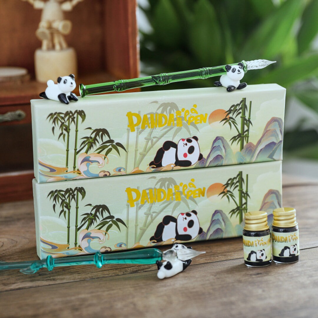 Very Cute Panda Glass Pen Holder, Bamboo Glass Calligraphy Pen Set ...
