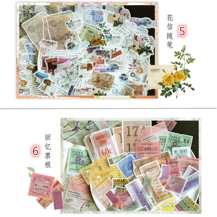 60pcs newspaper stickers letter number flowers vintage | Etsy