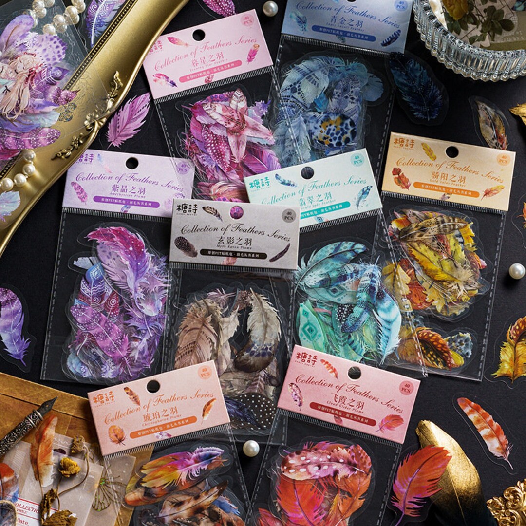 40 Pcs Feather Stickers Plume Sticker PET Colorful - Etsy