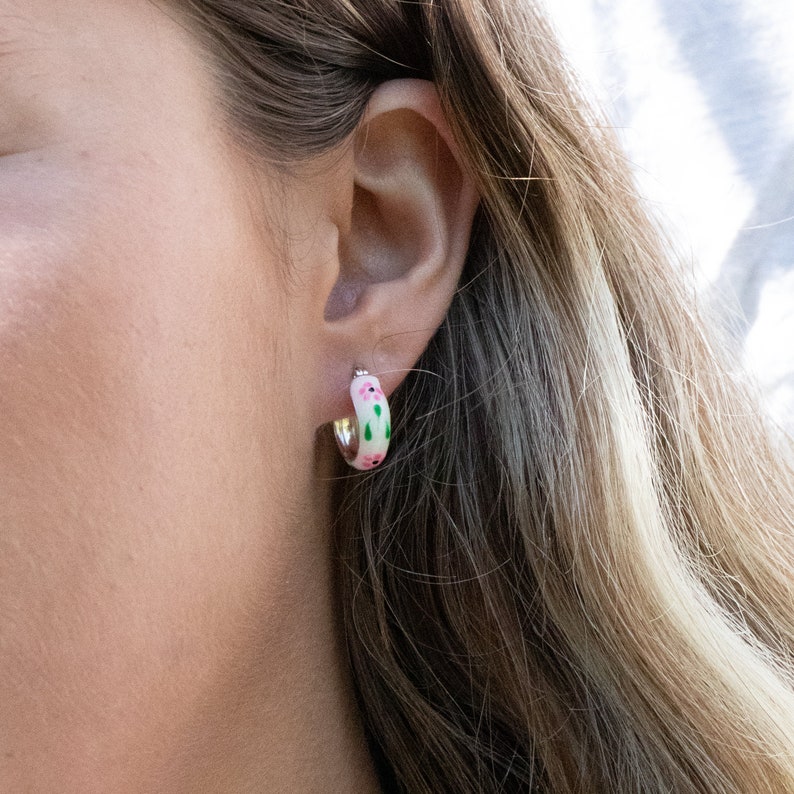 Hand Enamelled Pink Flower Silver Hoops Silver Enamel - Etsy UK