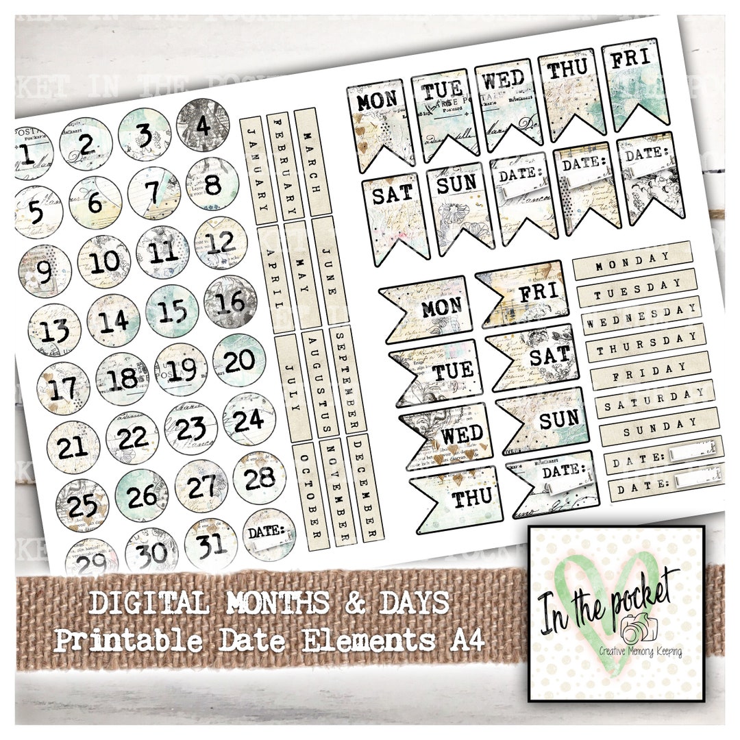 Numbers, Daily, Months, Journal, Printable, Digital Download, Vintage ...