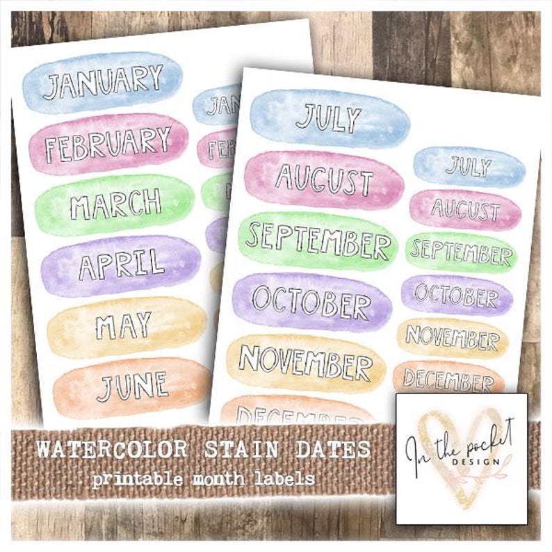 Months, Printable, Watercolor, Stain, Digital Download, Scrapbook ...