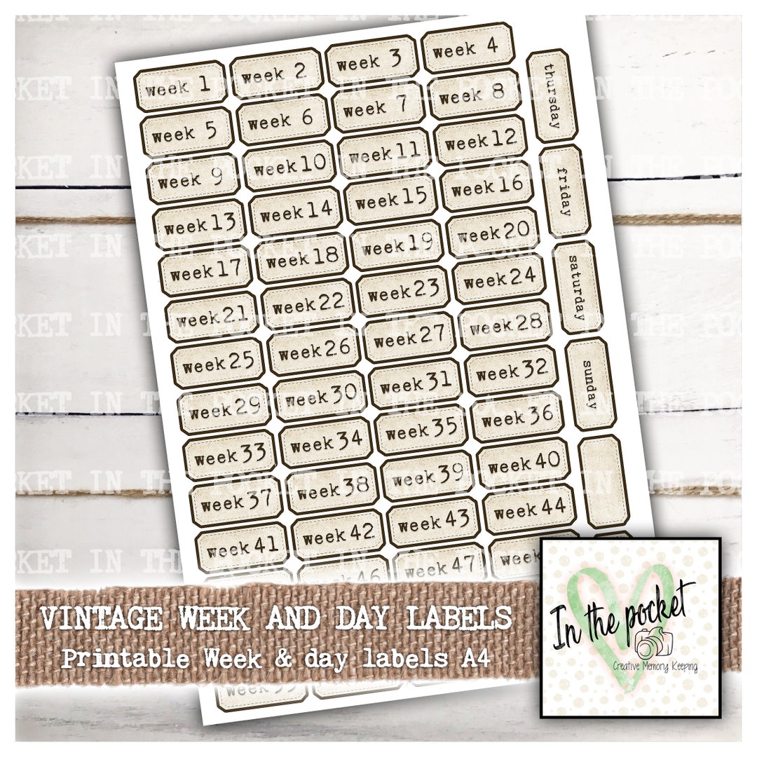 Week Numbers, Days, Labels, Printable, Daily, Weekly, Digital Download ...
