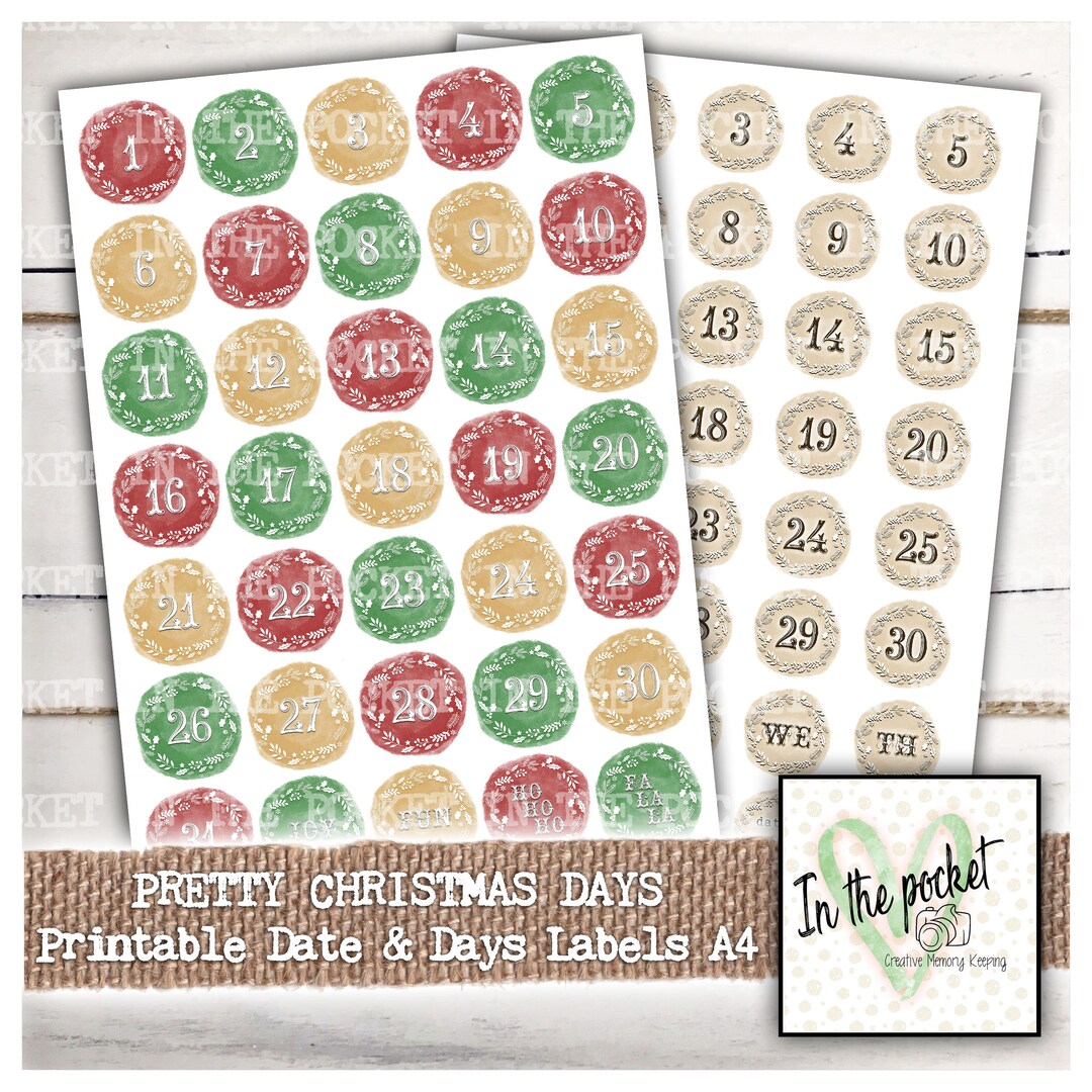 Chrismas, Date Numbers, Days, Printable, Digital Download, Scrapbook ...