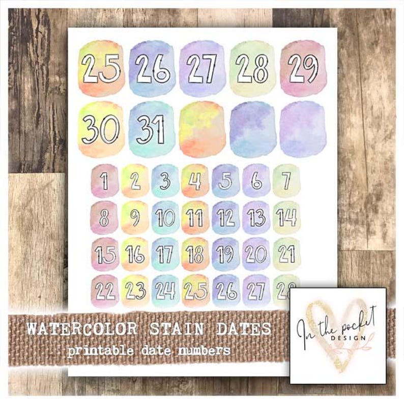Date Numbers, Printable, Watercolor, Stain, Digital Download, Scrapbook ...