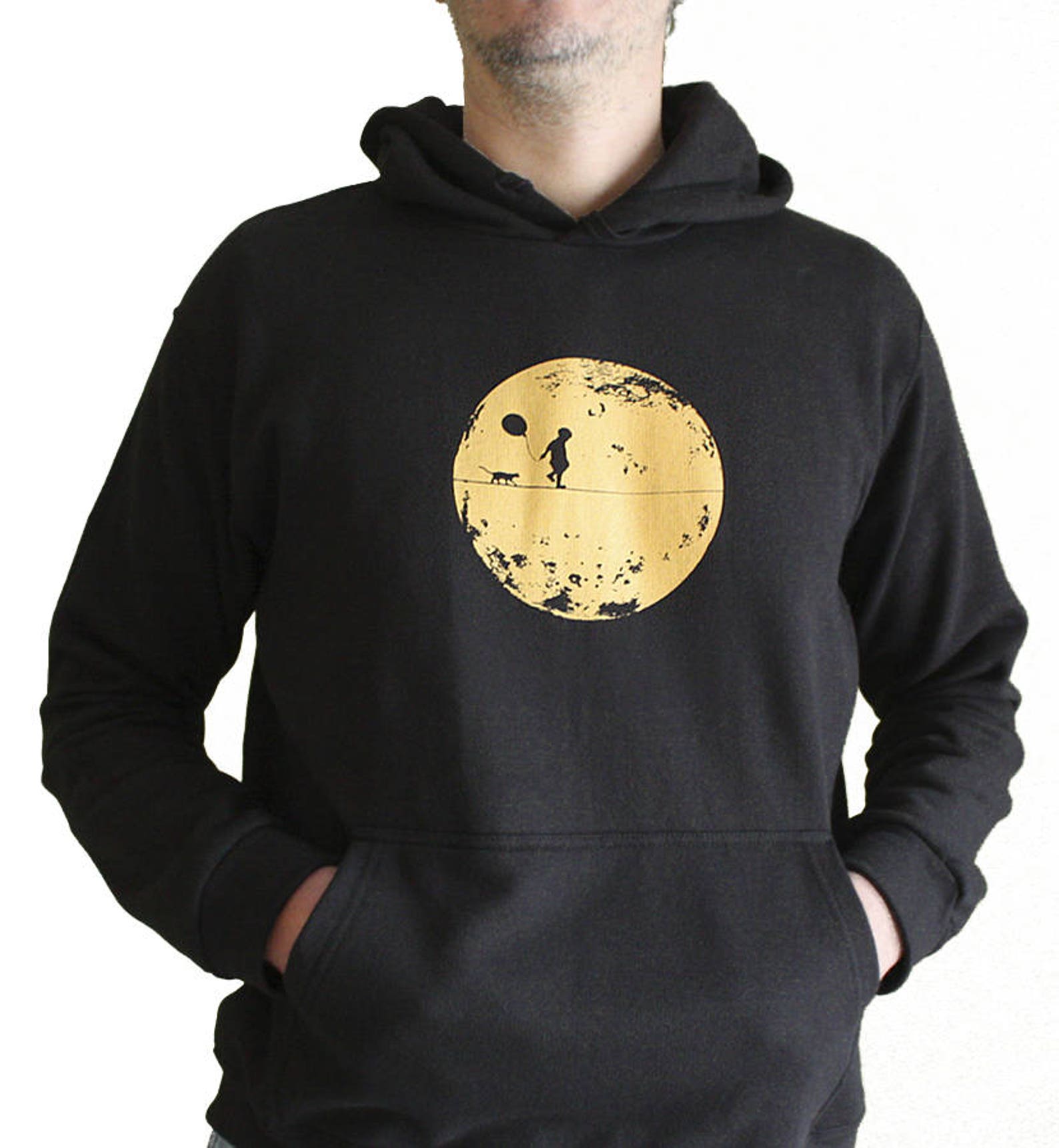 Moonchild Hoodie, Moon, Kid, Kitty, Amber Yellow on Black, Sweatshirt ...