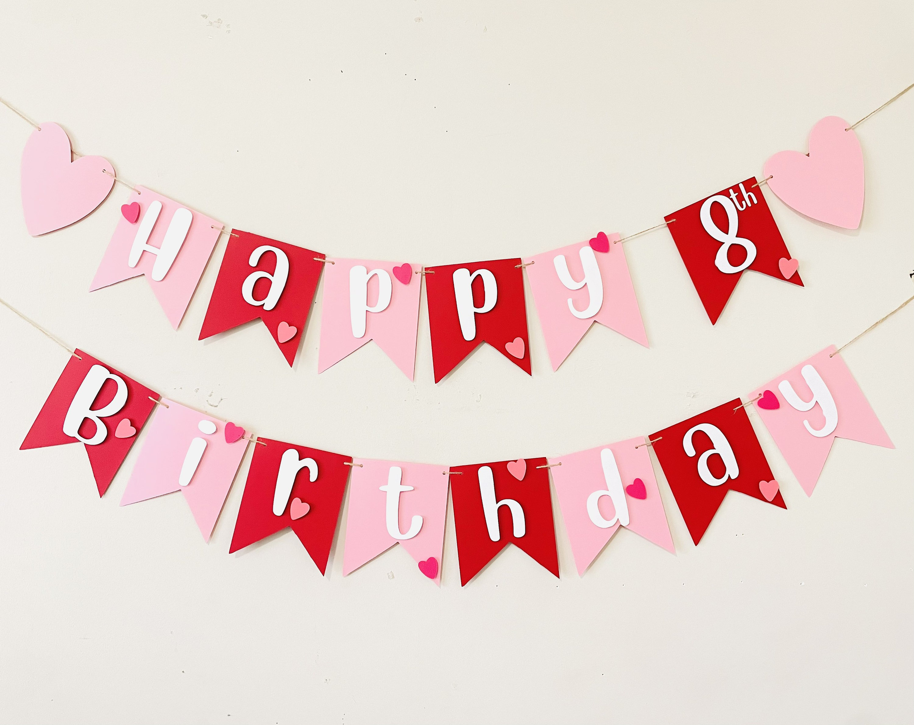 Valentine’s Day Birthday Banner, Pink Red Hearts Happy Birthday Banner ...