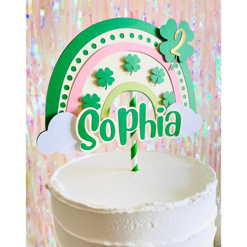 Pink Saint Patrick’s Day Birthday Cake Topper, Rainbow Shamrock ...