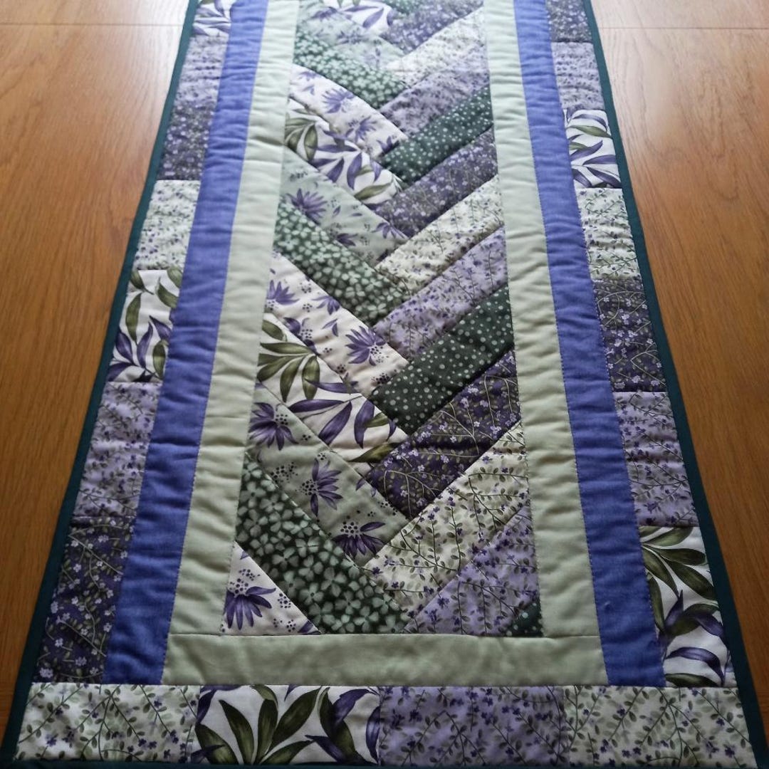 Quilted Patchwork Table Runner, Handmade Purple and Green Braided Table ...