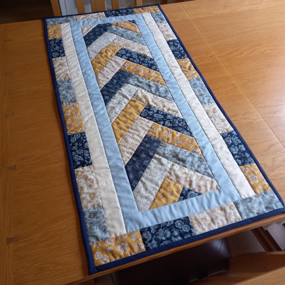 Blue, Gold and Cream Quilted Table Runner, Handmade Patchwork Braid Table Runner - Etsy UK