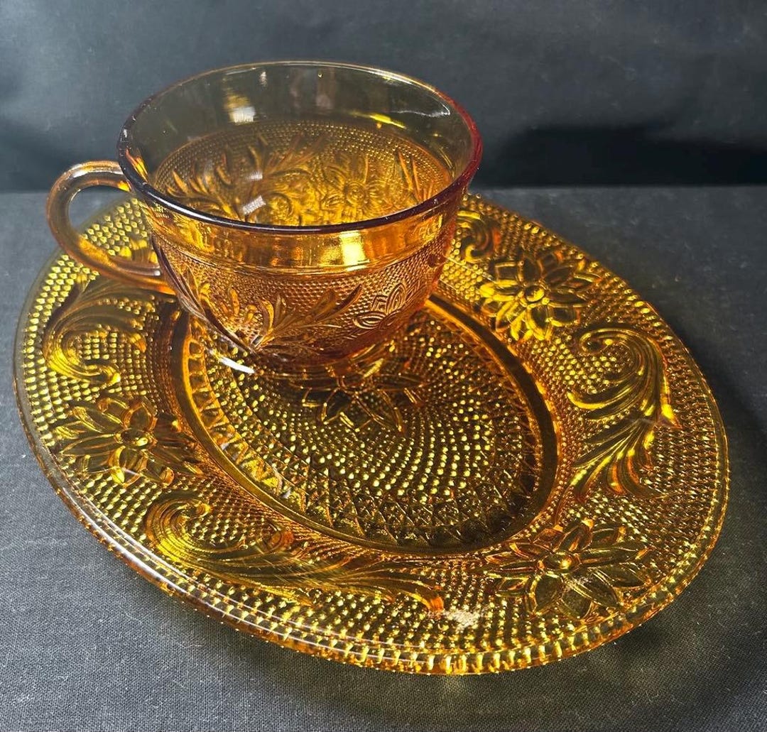 Amber-colored, Pressed Glass Tiara Sandwich Pattern Snack Plate and ...